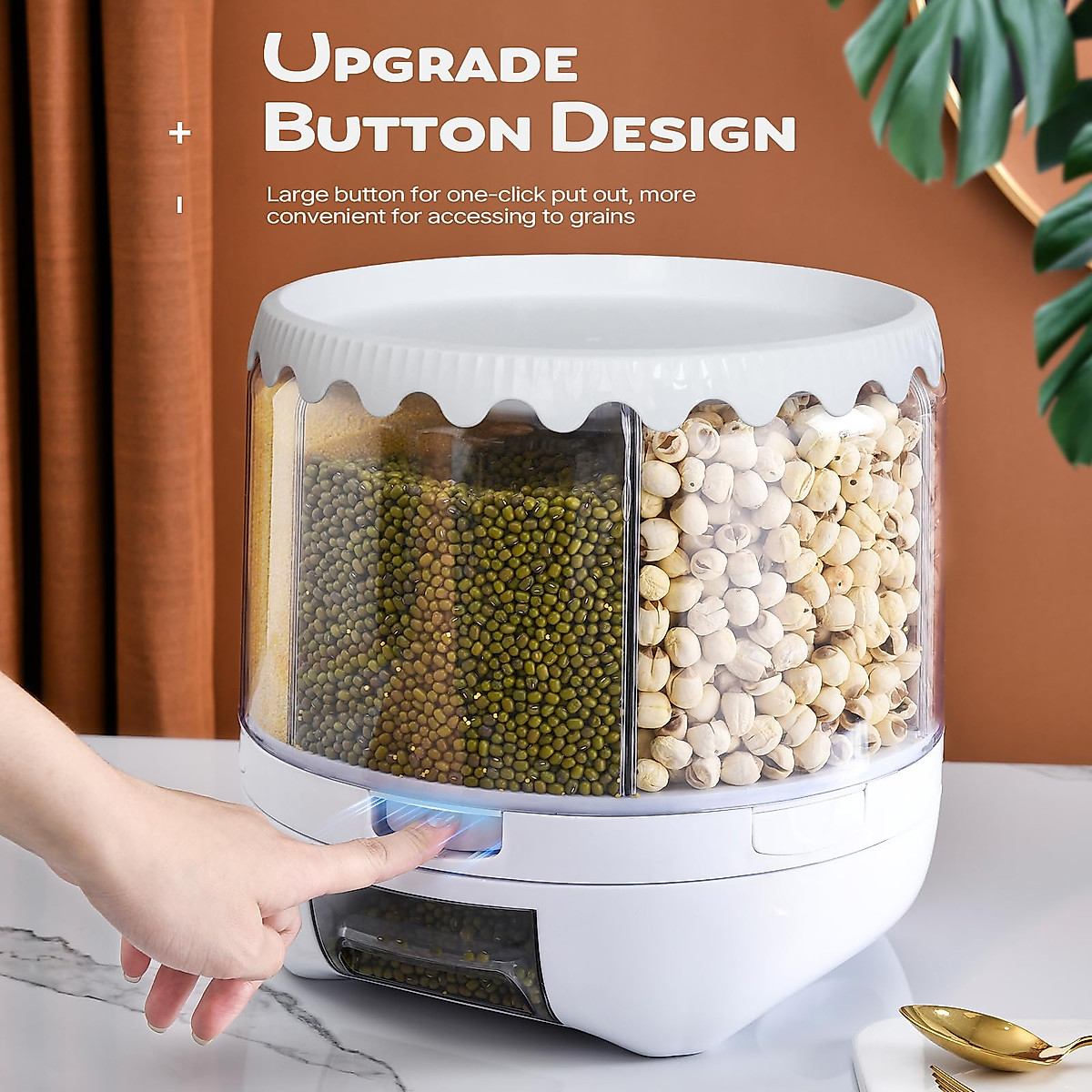 Slow Slog Grain Dispenser, 360° Rotating Storage Container, 6 Grid Food Dispenser with Storage Sealed Lid, Rice Dispenser for Kitchen Grains, Beans, Rice