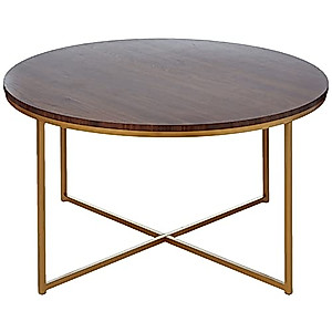 Walker Edison Cora Modern Round Faux Marble Top Coffee Table with X Base, 36 Inch, Walnut and Gold