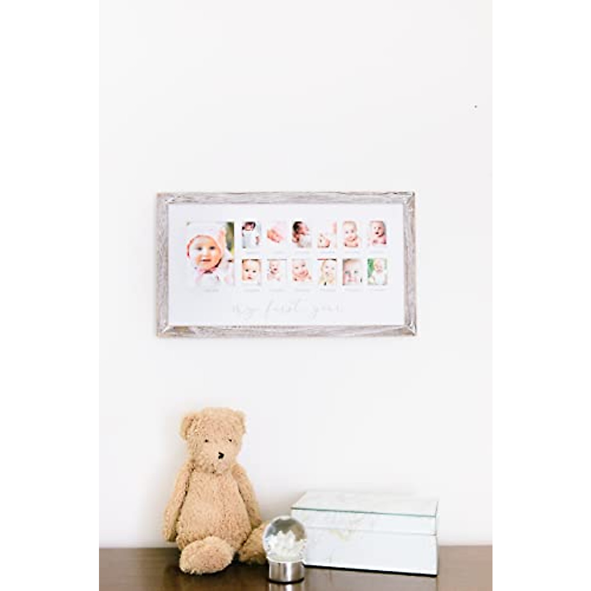 Pearhead My First Year Photo Moments Baby Keepsake Picture Frame, 0-12 Months Baby Photos, Father’s Day Accessory, Gender-Neutral Baby Milestone Nursery Décor, 13 Photo Inserts, Distressed Wood