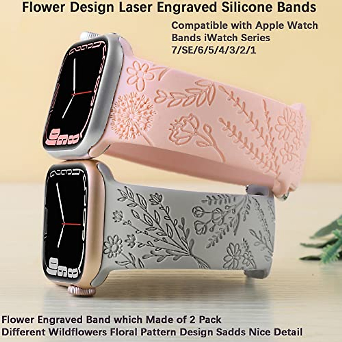 Flower Engraved Silicone Band Compatible with Apple Watch Bands 38mm 40mm 41mm, Cute Women Wildflowers Floral Design Soft Sport Strap Replacement Wristbands for iWatch Series 8 7/SE/6/5/4/3/2/1 (42/44/45mm, Grey Pink)