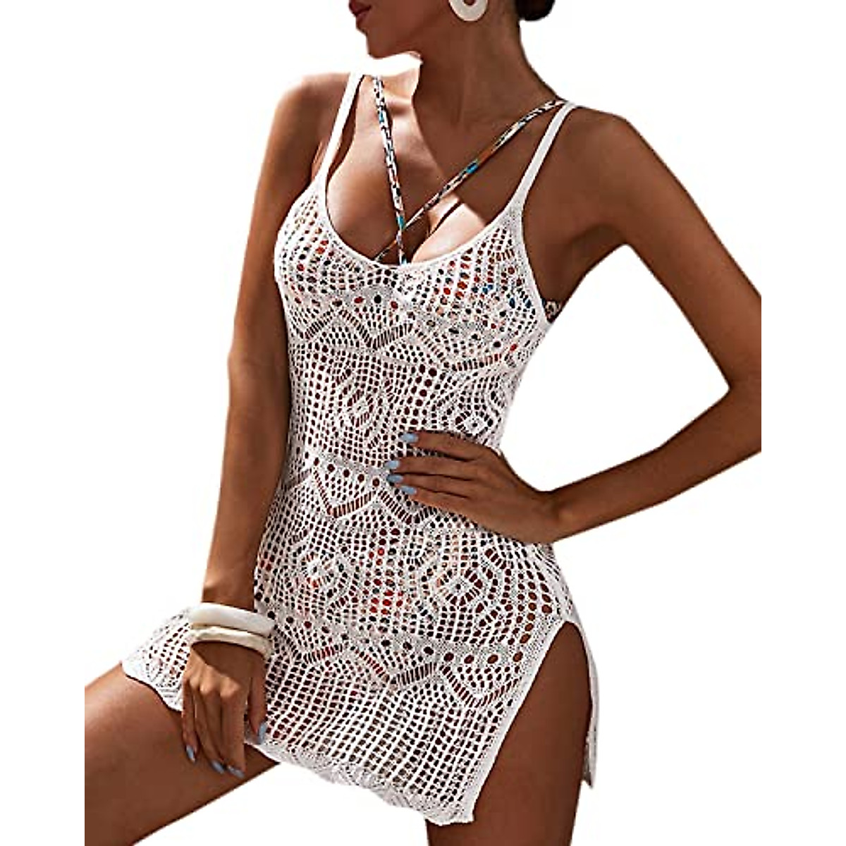 Verdusa Women's Split Side Sleeveless Knitted Beach Swimwear Bikini Cover Up White XL