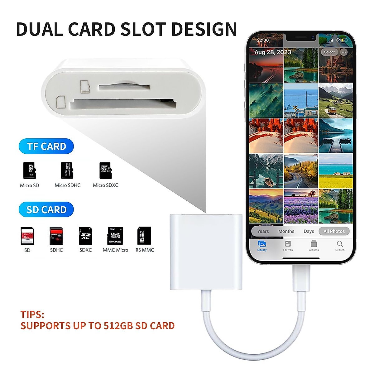 Sd Card Reader for iPhone iPad Digital Camera, Dual Card Slot Card Reader Compatible with Sd and Micro Sd Card, Memory Card Reader Sd Card Adapter to iPhone iPad, No APP Need Plug and Play