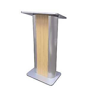 FixtureDisplays® 49"H Maple Melamine Podium Pulpit Lectern with Curved Brushed Stainless Steel Sides 19629