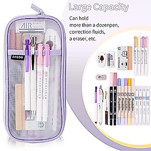 EASTHILL Grid Mesh Pen Pencil Case with Zipper Clear Makeup Color Pouch Cosmetics Bag Multi-Purpose Travel School Teen Girls Transparent Stationary Bag Office Organizer Box for Adluts(Purple)