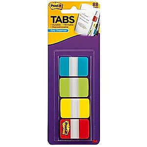 Post-it Tabs, 1 in Solid, Aqua, Lime, Yellow, Red, 22/Color, 88/Dispenser (686-ALYR1IN)