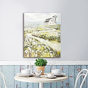 Hi.I.U.88 Rustic Wall Decor Old White Barn Canvas Art Painting with Windmill Bathroom Deco Pictures for Farmhouse Bedroom Framed Ready to Hang (Green, 12X15In), 12X15In