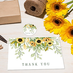 Whaline 40 Pack Sunflower Thank You Cards with Envelopes Stickers Watercolor Floral Greeting Cards Spring Summer Flower Blank Note Cards for Wedding Baby Shower Bridal Birthday Party, 4 x 6 Inch