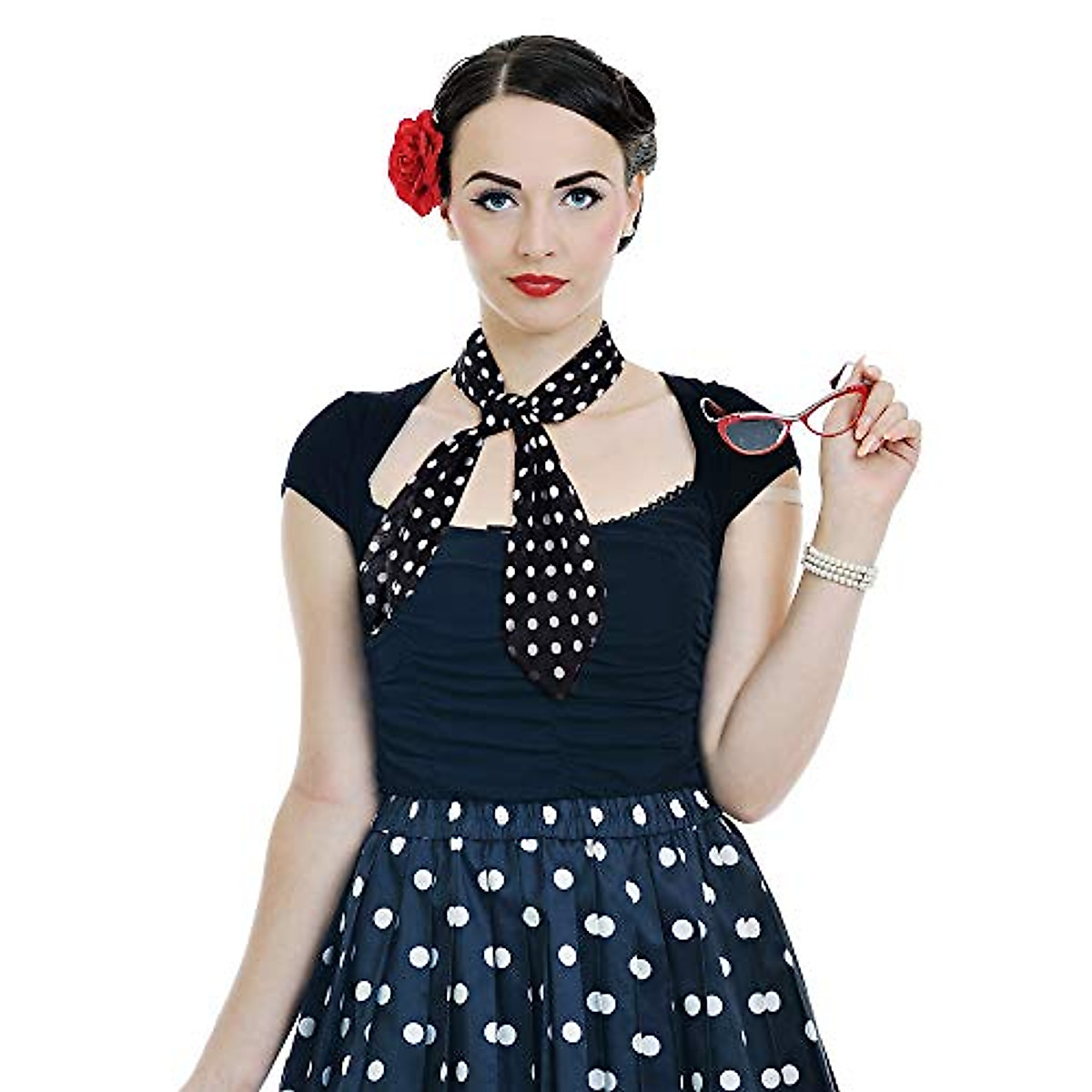Boao 1950s Chiffon Scarf Polka Dot Retro Hair Tie 50s Sheer Square Neck Head Scarf Vintage Neckerchief for Women Girls (Black with White Dots)