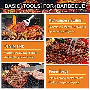 Grilljoy 24PCS BBQ Grill Tools Set with Meat Thermometer and Injector - Extra Thick Stainless Steel Fork, Spatula& Tongs - Complete BBQ Accessories in Aluminum Case - Perfect Grill Gifts for Men