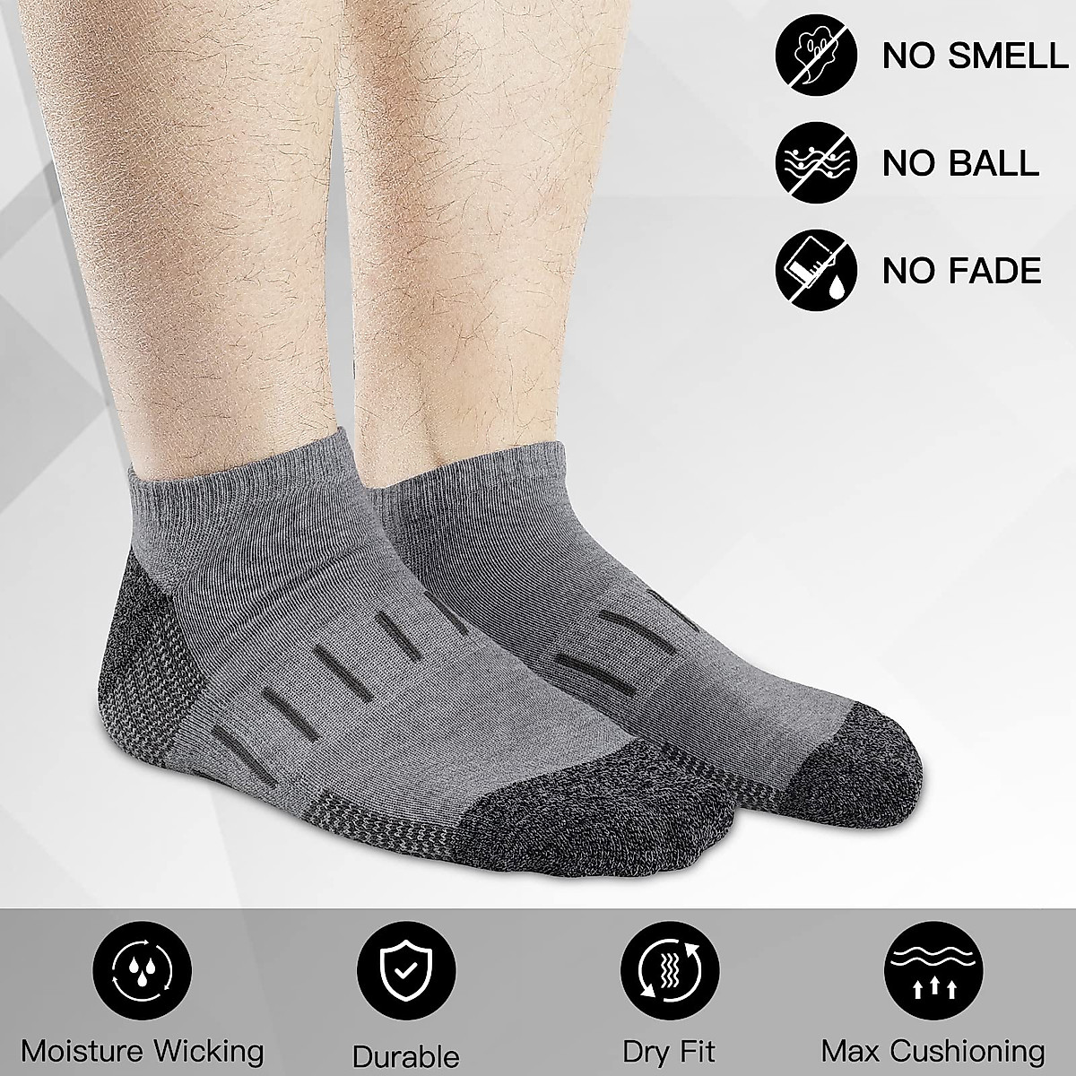 Heatuff Mens Athletic Ankle Socks Moisture Wicking Cushion Running Low Cut Sock 6 Pack