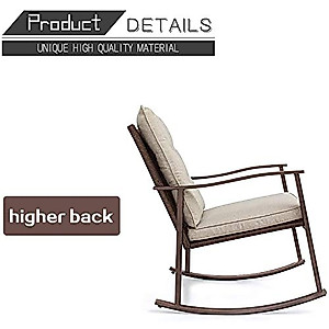 SOLAURA 3-Piece Patio Furniture Outdoor Rocking Chair Set Brown Wicker Patio Bistro Sets, Front Porch Furniture with Beige Cushion, Two Patio Chairs with High Backrest & Glass Coffee Table
