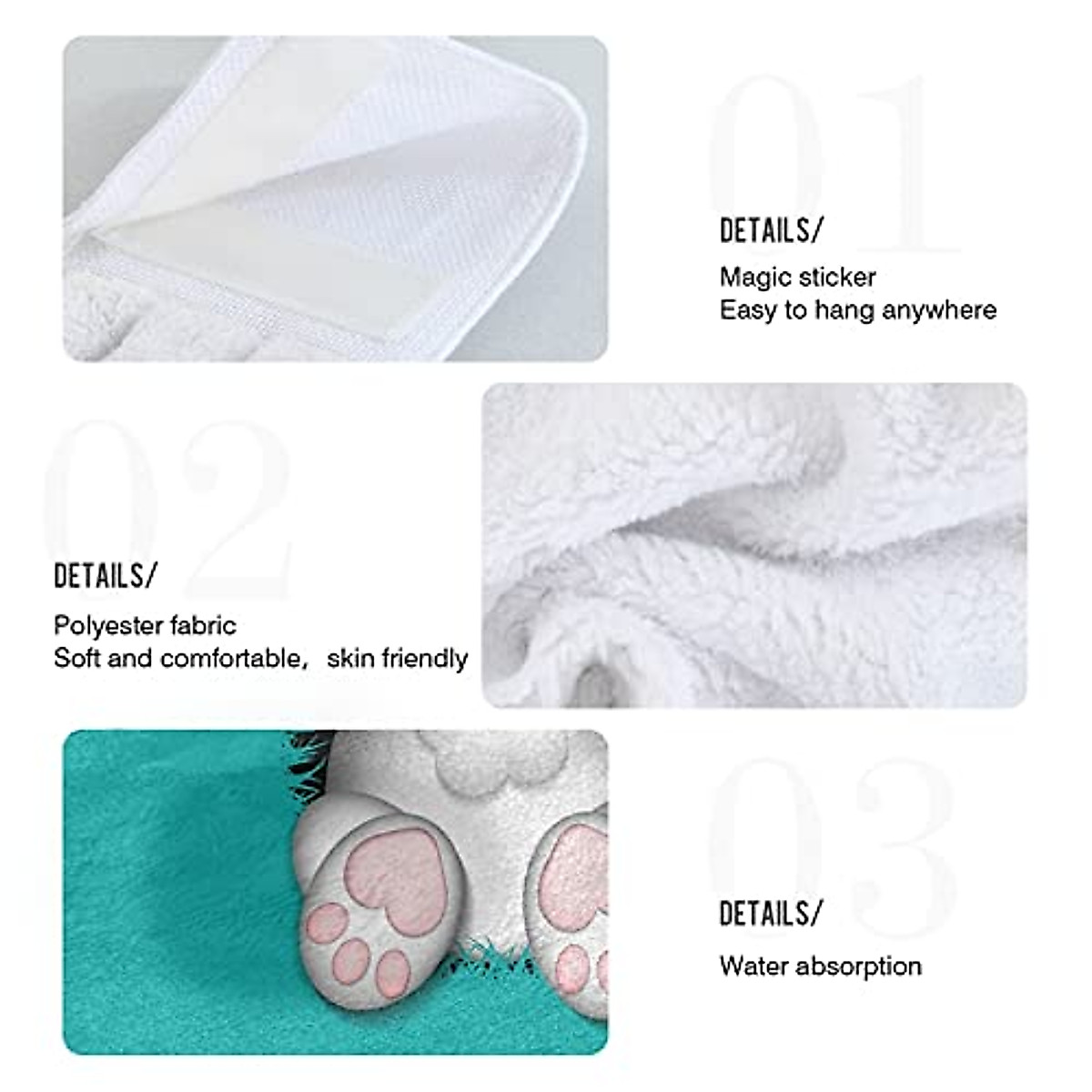 KOCOART Cute Bunny Foot Tail Kitchen Oven Towels Happy Easter Day Hanging Hand Towel with Loop 2 Pieces Super Absorbent Dishcloth Fingertip Tea Bar Dish Towel for Bathroom Tabletop