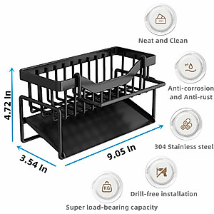 DMJWAN Kitchen Sink Caddy Organizer, 304 Stainless Steel Sponge Holder Sink Caddy with Auto Drain Tray, Holds Sponge, Dish Soap Dispenser, Cleaning Towel, Scrubber, and Utensils