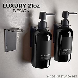 Stylish Shampoo and Conditioner Dispenser Set of 3 for Wall Mount - Modern Drill Free 21oz Shower Soap Bottles with Labels - Easy Refill Body Wash Dispensers for an Instant Bathroom Decor Upgrade