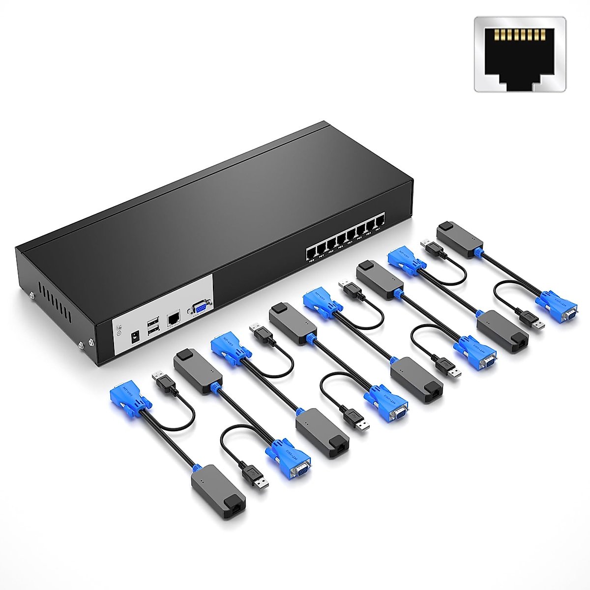 8 Port VGA KVM Console over CAT6, MT-VIKI CAT5E KVM Switch, 1U Rack Mount KVM Included 8 VGA to RJ45 KVM Dongles, Support Extended Distance UP to 230ft/70m by RJ45 Cable