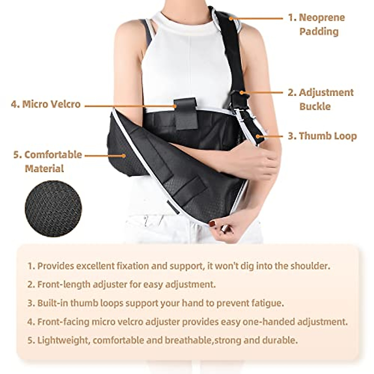 Solmyr Arm Sling for Broken Fractured Bones Elbow Wrist, Adjustable Shoulder Immobilizer & Rotator Cuff Support Brace, Split Strap and Waistband, Universal for Left and Right Arms, Men and Women(M)