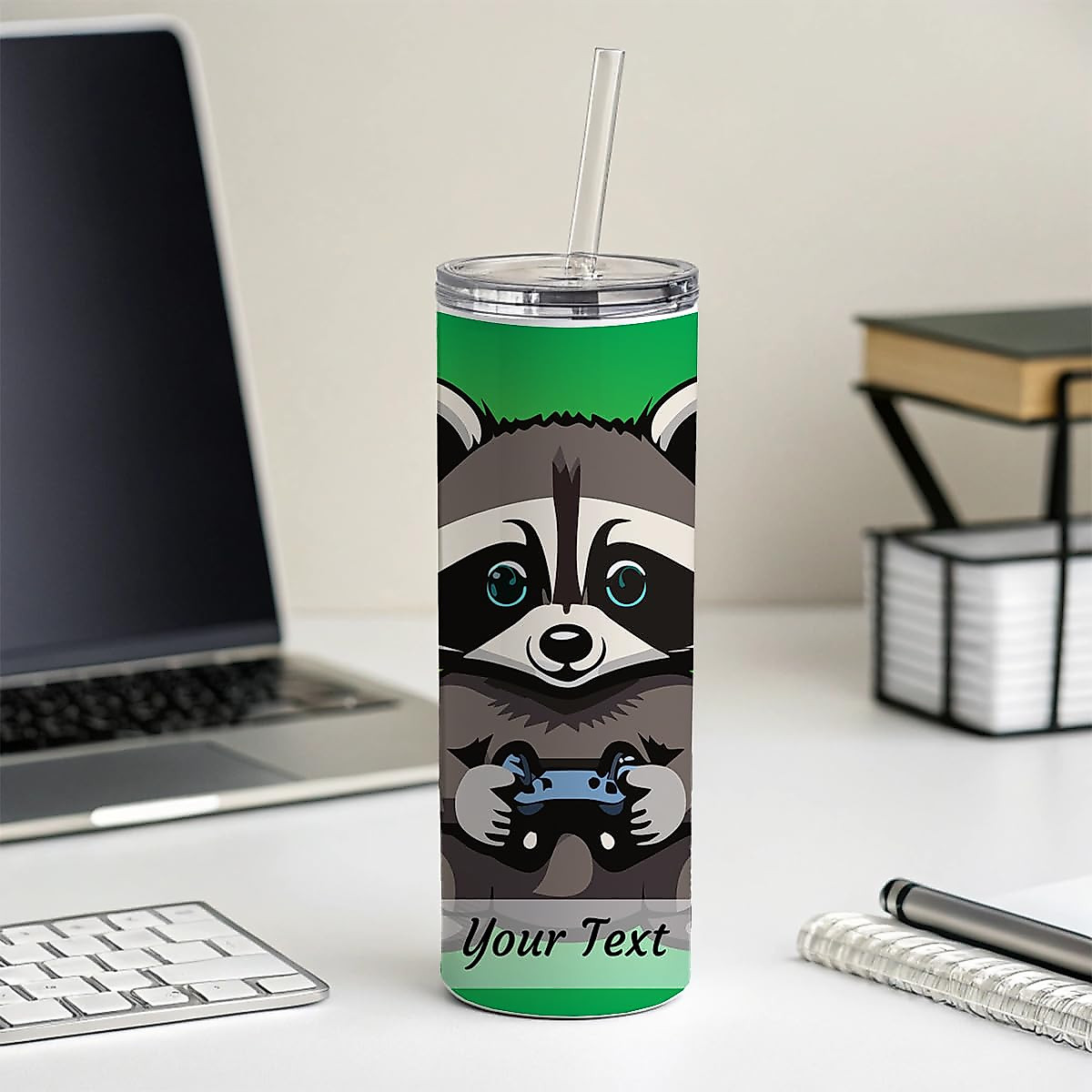 Personalized Custom Name Text Raccoon Gamer Gaming Playing Game Skinny Tumbler 20oz with Straw Insulated Water Bottle Gift - 1 Line Horizontal