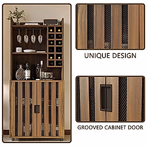 Apepro Wine Bar Cabinet for Liquor and Glasses with 12 Wine Bottle Racks, Kitchen Hutch Storage Cabinet for Living, Dinning Room, Hallway—Doors That Combine Wire Mesh with MDF