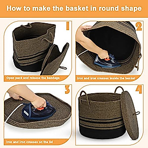 Graciadeco Large Decorative Blanket Basket with Lid 85.2 Qt Hand-Woven Cotton Rope Baskets for Storage Throw Pillow XXL Round Floor Basket Black-Brown