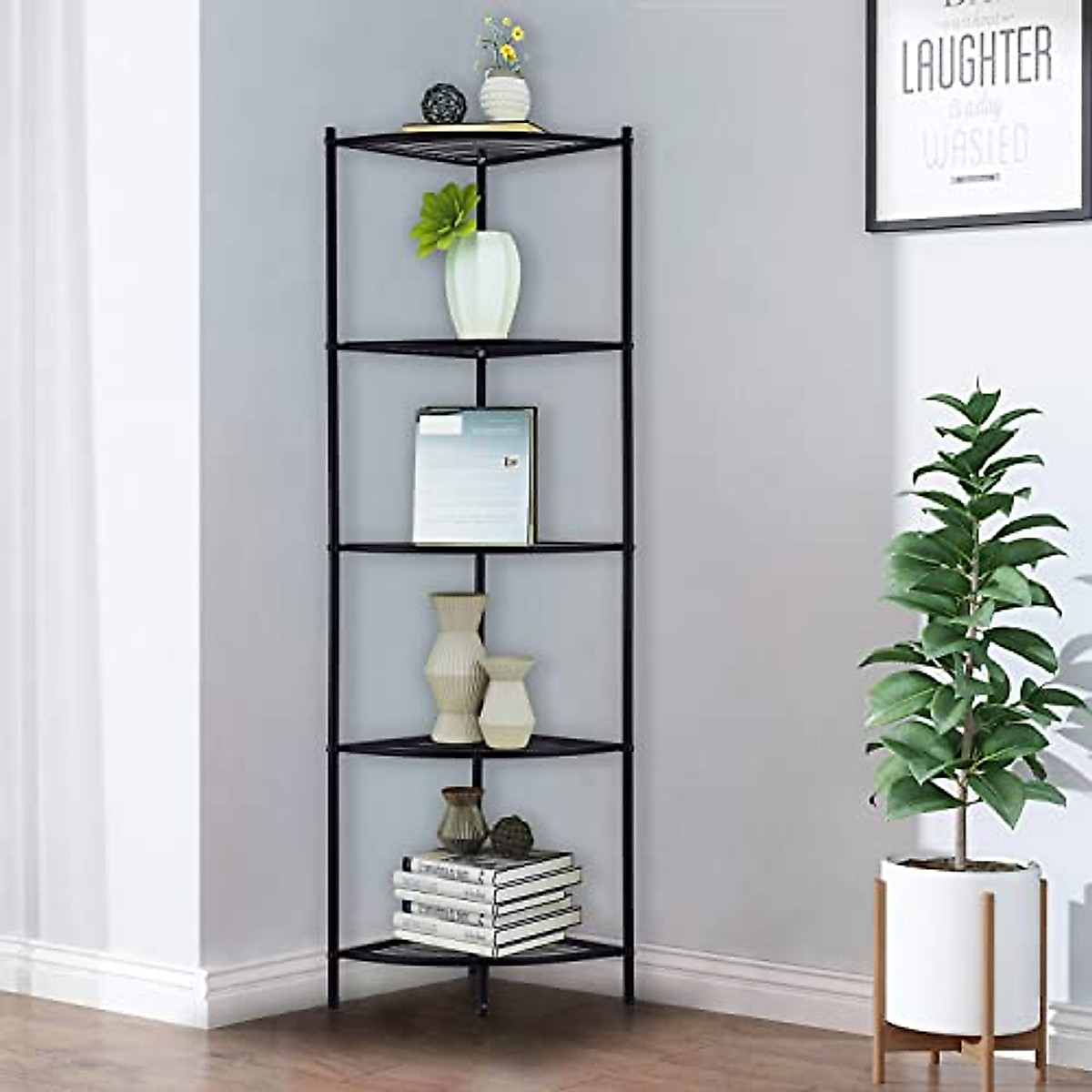 UPVOTED 5-Tier Metal Corner Wire Shelf Compact Shelving Display Unit Plant Stand Rack Freestanding for Kitchen, Office, Bedroom, Living Room, Black