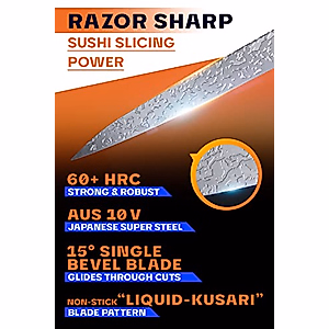 Dalstrong Ronin Series Japanese AUS-10V Damascus Steel Yanagiba Sushi Kitchen Knife with Red & Black G10 Handle, 10.5 Inches, Sheath Included