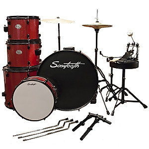 Rise by Sawtooth Full Size 5-Piece Student Drum Set with Hardware and Cymbals, Red Sparkle