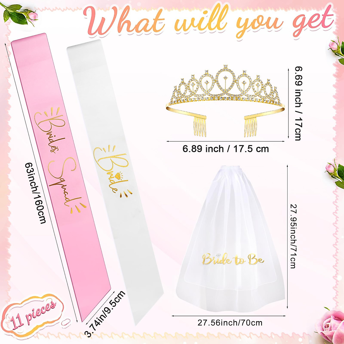 Jutom 14 Pcs Bachelorette Party Bridal Shower Decorations Kit, Include Bride Sash Bachelorette Sash Gold Rhinestone Crown Wedding Veils for Brides Bridesmaids Gift Wedding Bachelorette Party Supply