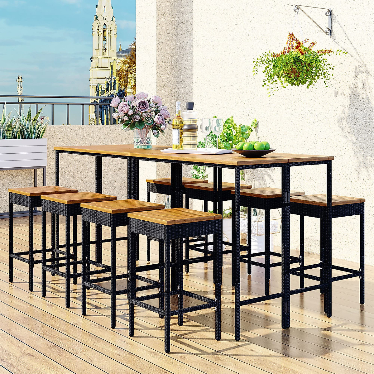 EMKK 10-Piece Outdoor Patio Bar, Garden PE Rattan Wicker Dining, Square, Foldable Acacia Tabletop, High-Dinner Bistro Set with 8 Stools and 2 Tables, H-Brown