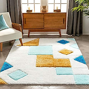 Well Woven San Francisco Teahupo Blue Modern Geometric 3D Textured Thick and Soft Shag 5'3" x 7'3" Area Rug