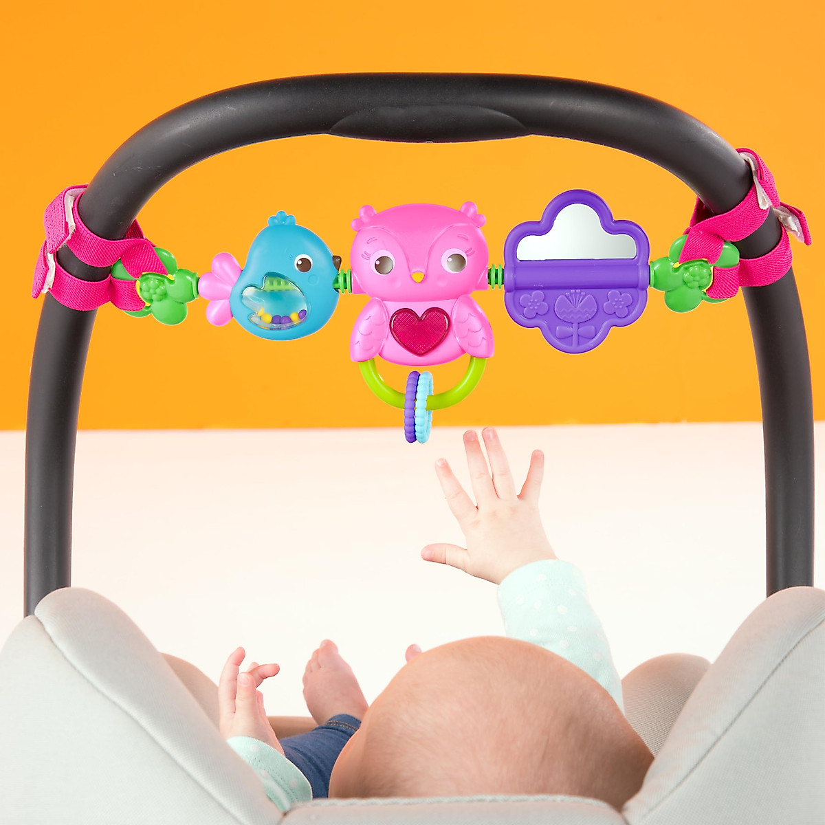 Bright Starts Busy Birdies Carrier Toy Bar Musical Take-Along Toy with Lights, Ages Newborn +, Pink