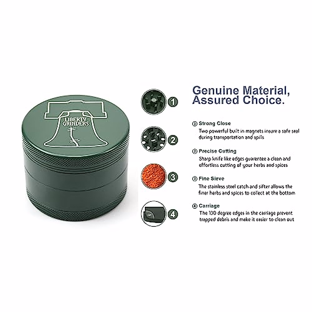 Liberty Grinders Herb Grinder - Spice, Ceramic Coated, Hard Case, 2.5 inch, 4 Piece, Accessories, Green