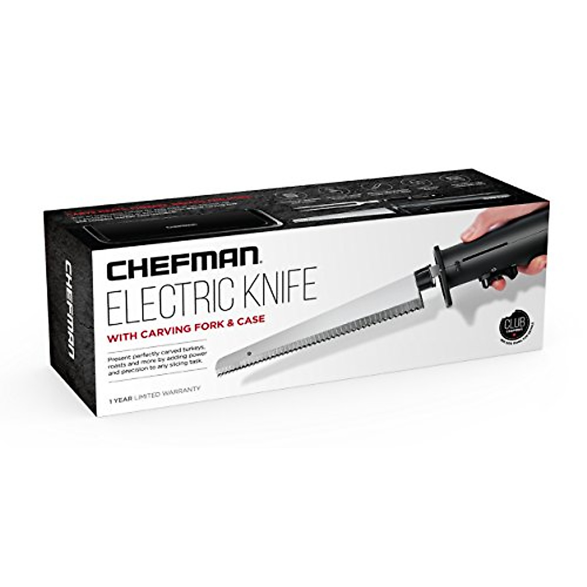 Chefman Electric Knife with Bonus Carving Fork & Space Saving Storage Case Included One Touch, Durable 8 Inch Stainless Steel Blades, Rubberized Black Handle, BPA Free, 120 Volts and Watts
