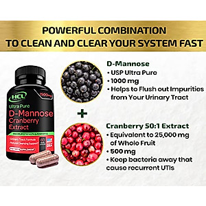 HCL HERBAL CODE LABS D-Mannose with Cranberry Extract Capsules 1500mg Super Strength Pills – Fast-Acting UTI Urinary Tract – Bladder Health Supplement