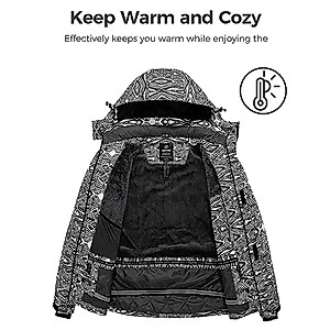 Wantdo Men's Waterproof Fleece Ski Jacket Windproof Winter Coat Parka Black Floral XL