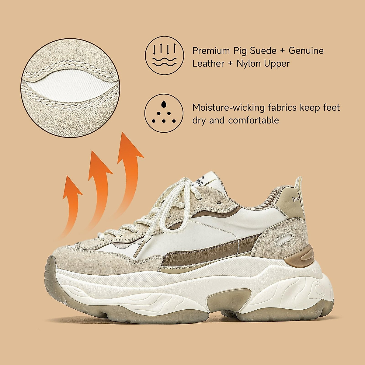 BEAU TODAY Womens Chunky Sneakers, Chunky Shoes for Women, Lace up Comfortable Fashion Dad Sneaker Black&Blue US Size 8