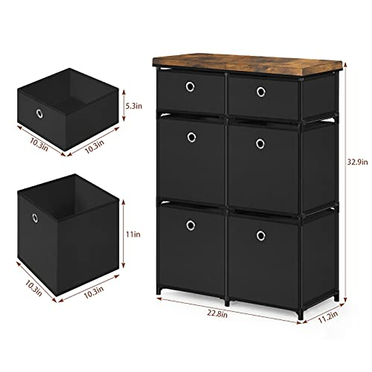 6 Cube Storage Organizer, Closet Organizers and Storage, Drawer Clothes Organizer Unit for Closet, Easy Assembly Closet Dresser for Bedroom, Dorm, Playroom, Hallyway, Black & Brown.(Top Not Wood)