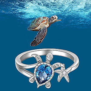 LOVGIFSET Sterling Silver Turtle Ring Rings for Women Sea Turtle Starfish Blue Topaz Animal Jewelry Size 8