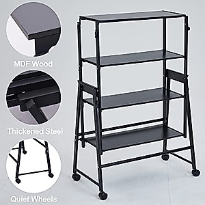 2-in-1 Convertible Shelf to Table with Wheels, Space Saving Storage Shelf or Dining Table, 4 Tier Shelving Unit Industrial Bookcase for Small Spaces, Kitchen, Dining Room and Living Room, Black
