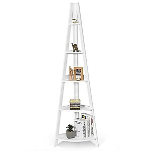 Tangkula 5 Tier Corner Shelf, 69 Inch Tall Corner Bookshelf, 5 Shelf Small Bookcase, Wooden A-Shaped Display Storage Rack, Corner Ladder Shelf Plant Stand for Living Room Home Office