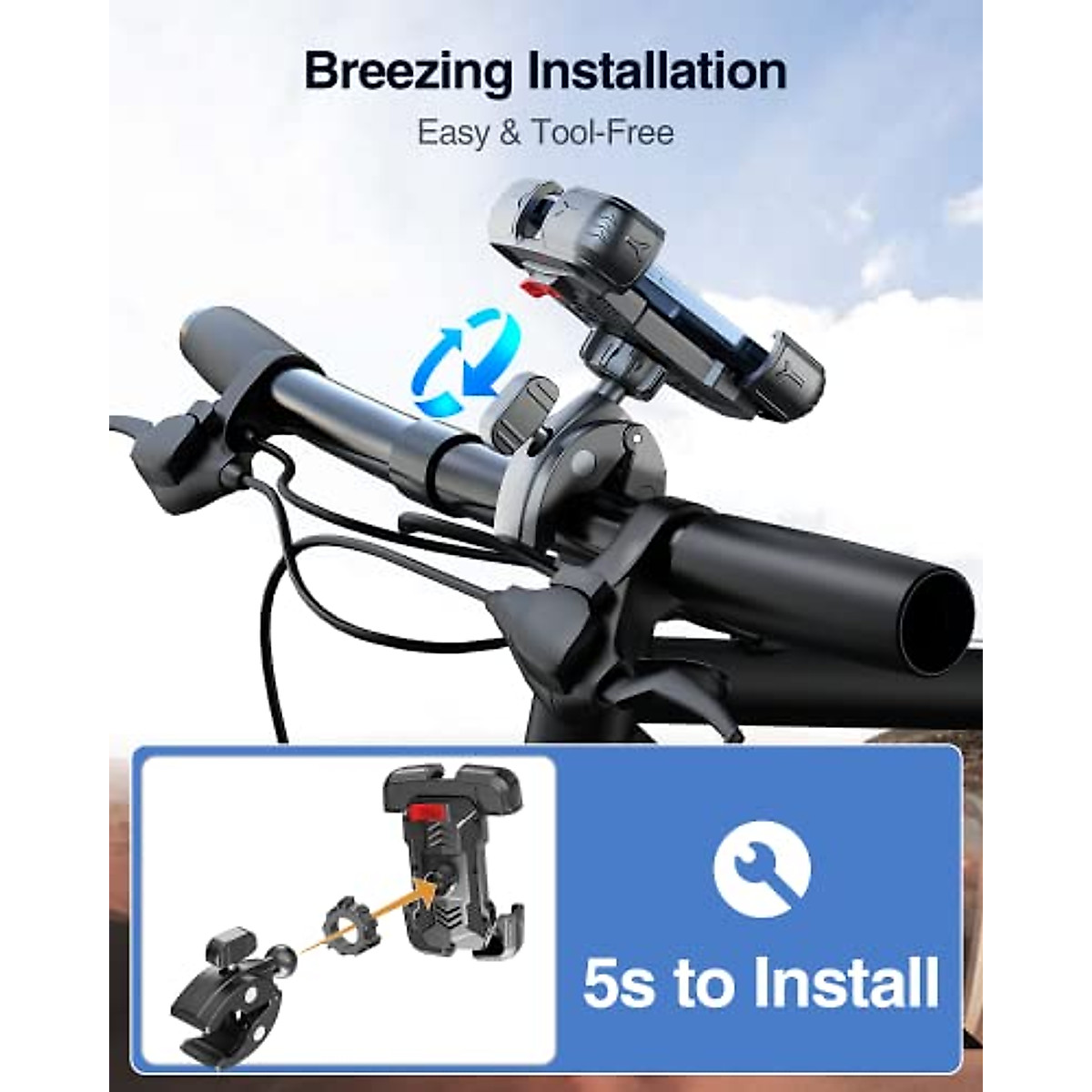 Motorcycle Phone Mount, [150mph Wind Anti-Shake][7.2inch Big Phone Friendly] Bike Phone Holder for Bicycle, [5s Easy Install] Handlebar Phone Mount, Compatible with iPhone, All Cell Phones