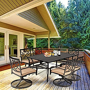 SOLAURA Outdoor Dining Table, 60" x 38" Patio Metal Steel Slat Table for 6-Person with 1.57" Umbrella Hole, for Gardens or Backyards, Black