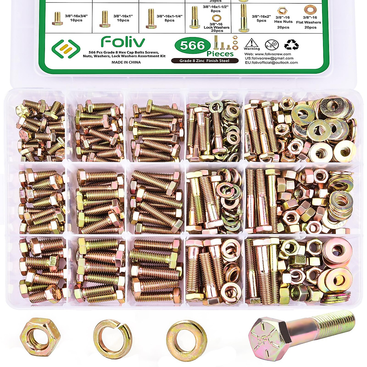 FOLIV 566Pcs Heavy Duty Bolts and Nuts Assortment Kit, Grade 8 Hex Screws Bolts Nuts Kit, 1/4-20 5/16-18 3/8-16, 15 Common Sizes Included