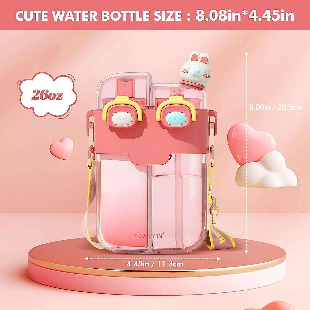 HiGropcore Kawaii Water Bottle Cute Water Bottles with Straw, Double Chamber Water Bottle with Adjustable Strap and Kawaii 3D Stickers, Portable Leakproof Water Jug, 26oz
