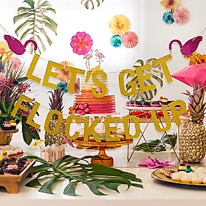 Gold Glittery Let's Get Flocked Up Banner & Let's Flamingle Garland for Hawaii Luau Bachelorette Birthday Party Decoration Supplies, Flamingo Party Decor