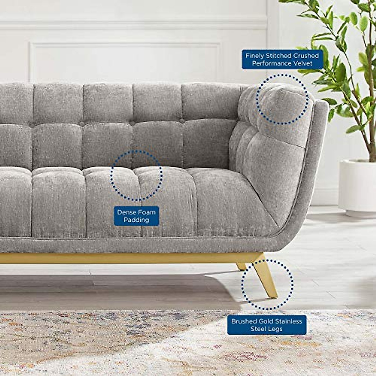 Modway Bestow Tufted Crushed Performance Velvet Sofa, Light Gray