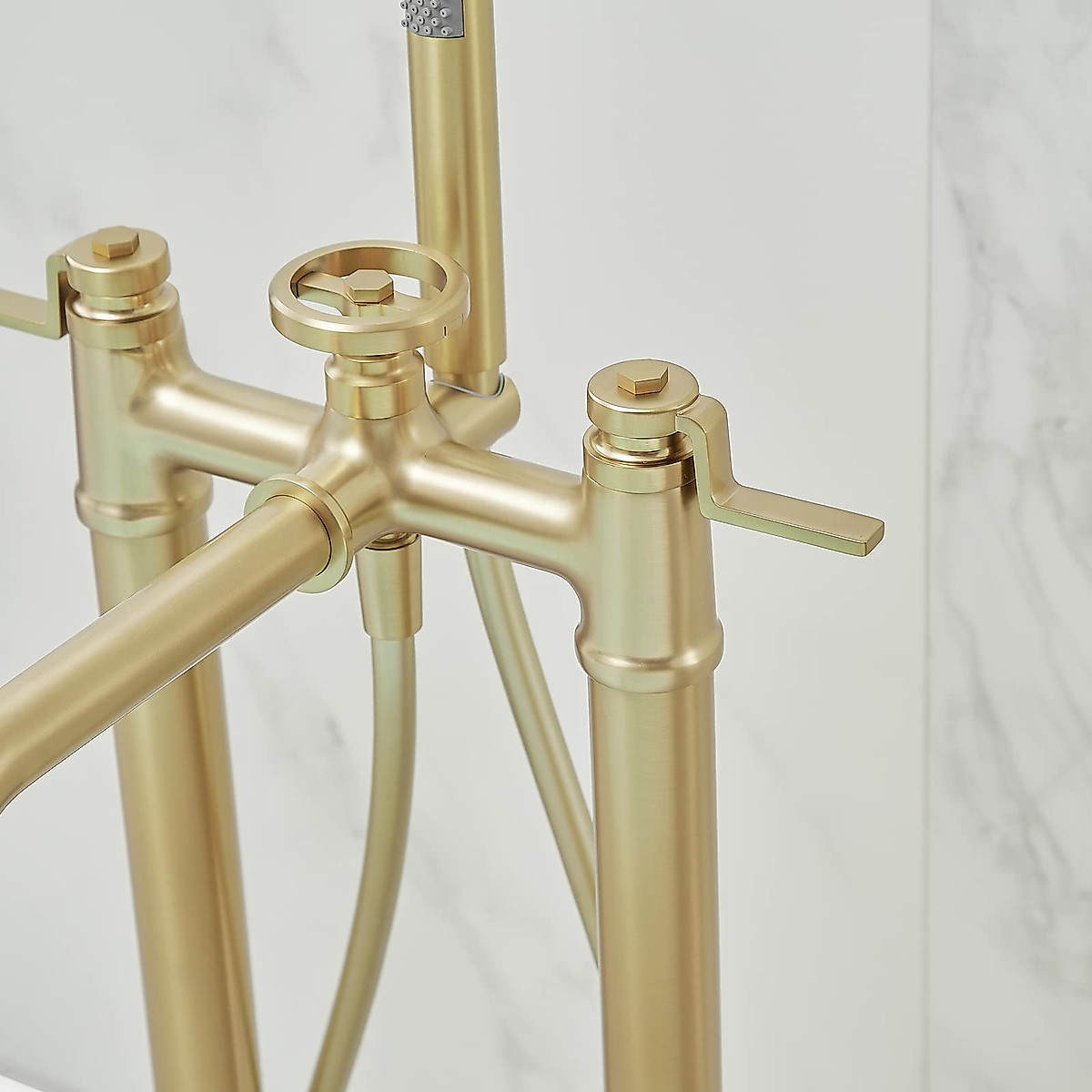 BWE Floor Mount Freestanding Bathtub Faucets Brushed Gold Solid Brass Single Handle Modern Bathroom Tub Filler High Flow Rate with Handheld Shower Mixer Tap