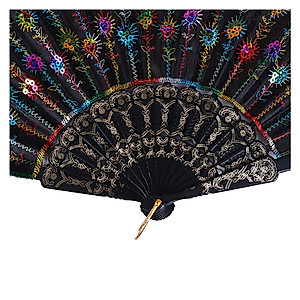 Fan Rainbow Color Christmas Dance Fan Pattern Folding Hand held Embroidered Sequin Gift Fan Hand Fan (Color : E, Fan Size : 9.5 inches)