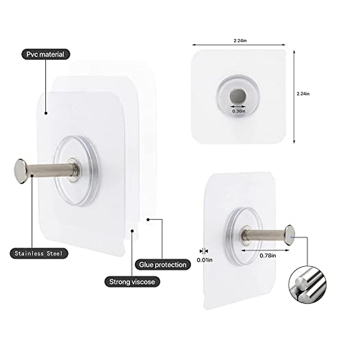 Ginmino Adhesive Wall Hooks Transparent Self Adhesive Hooks Stainless Steel Waterproof and Oilproofm,Suitable for Bathroom Kitchen,20 Pack