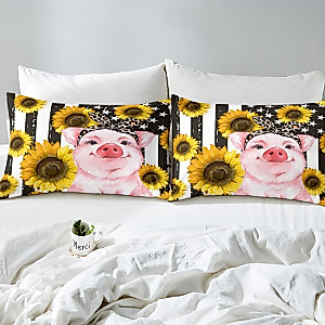 Cute Pig Kids Sheet Queen Size,American Flag Retro Bedding Set,Girls Boys Adults Bedroom Decor,Sunflowers Cartoon Animals Kawaii Rustic Farmhouse Bed Sheet Set 4pcs(Fitted + Flat + 2 Pillowcases)