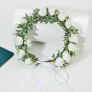Funsveta Floral Headpiece Garland Halo Maternity Photo Shoot Flower Crown Eucalyptus Leave Headband Wedding Headpiece (Green Leaf and White)